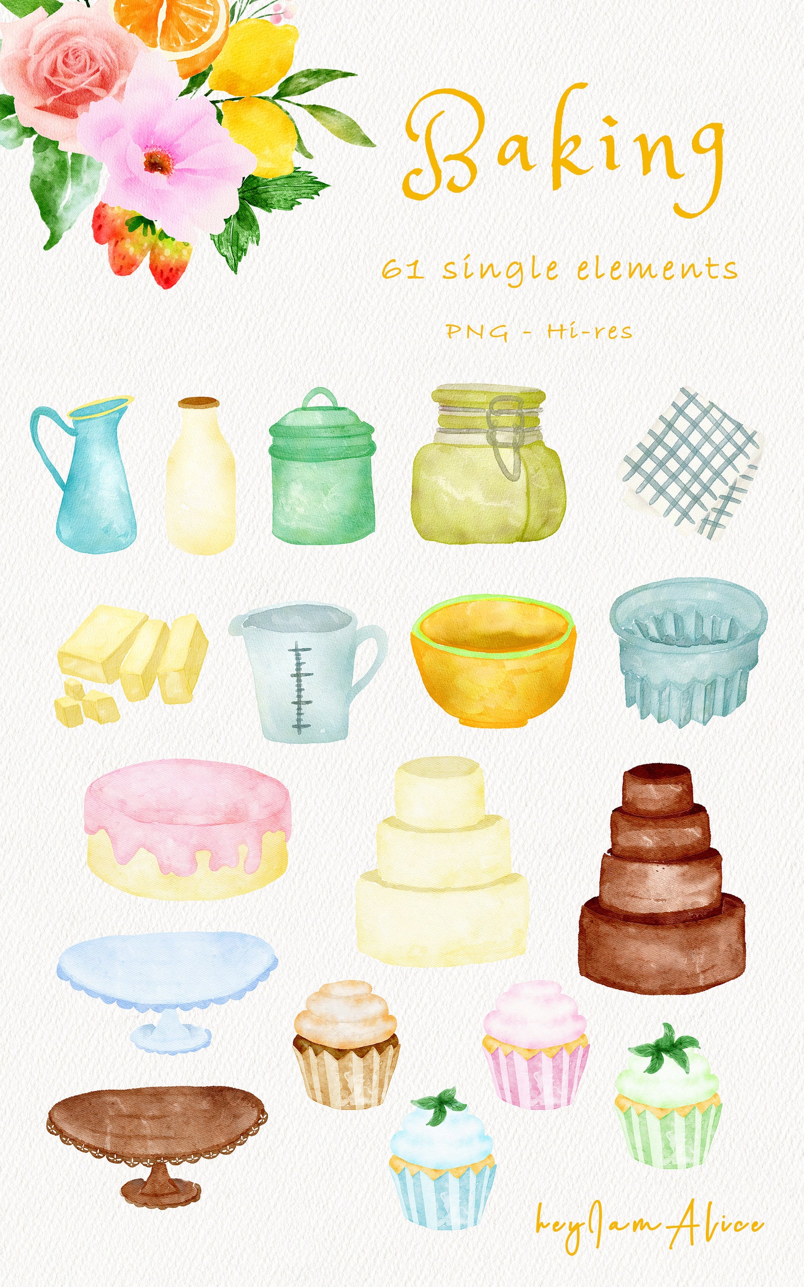 Watercolor Baking Supplies Clipart PNG FREE Commercial Use - Etsy