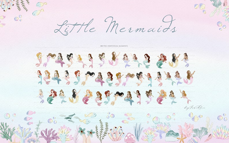 Mermaid Clipart, Little Mermaid Watercolor Graphic, Nursery Clipart ...