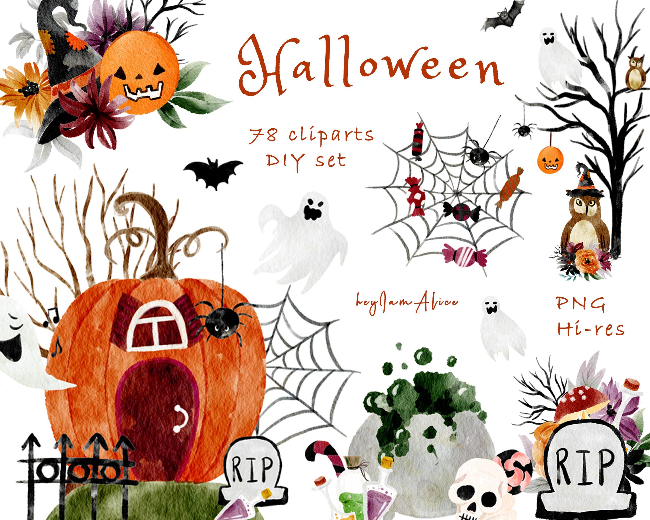 Halloween Clipart Watercolor Happy Halloween Spooky Clipart | Etsy