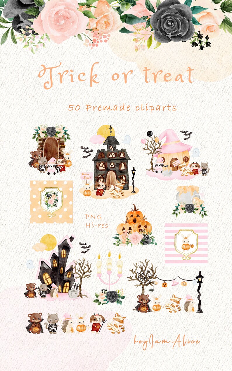 Halloween Watercolour Clipart, Trick or Treat Clipart, Baby Animal PNG ...
