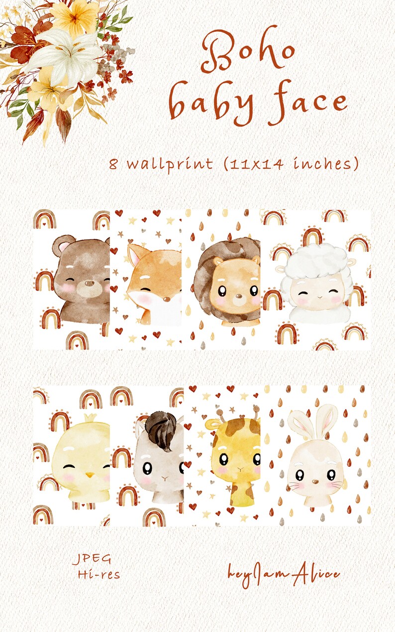 Boho Tribal Baby Animal Face Clipart Watercolor Feather and - Etsy
