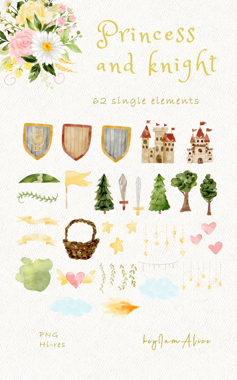 Princess and Knight Watercolor Clipart Fairy Tale Graphics - Etsy