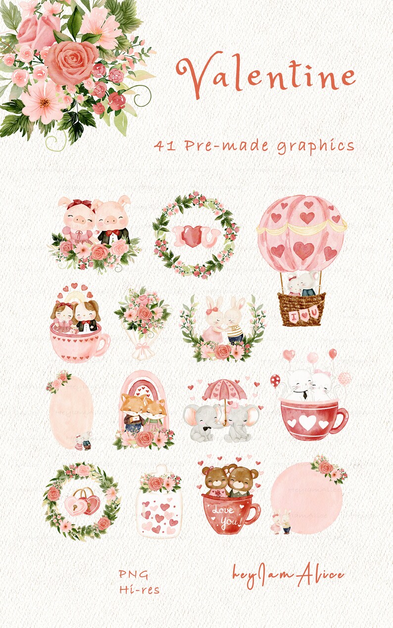Valentine Watercolor Clipart PNG, Animal Couple Graphic PNG, Love ...