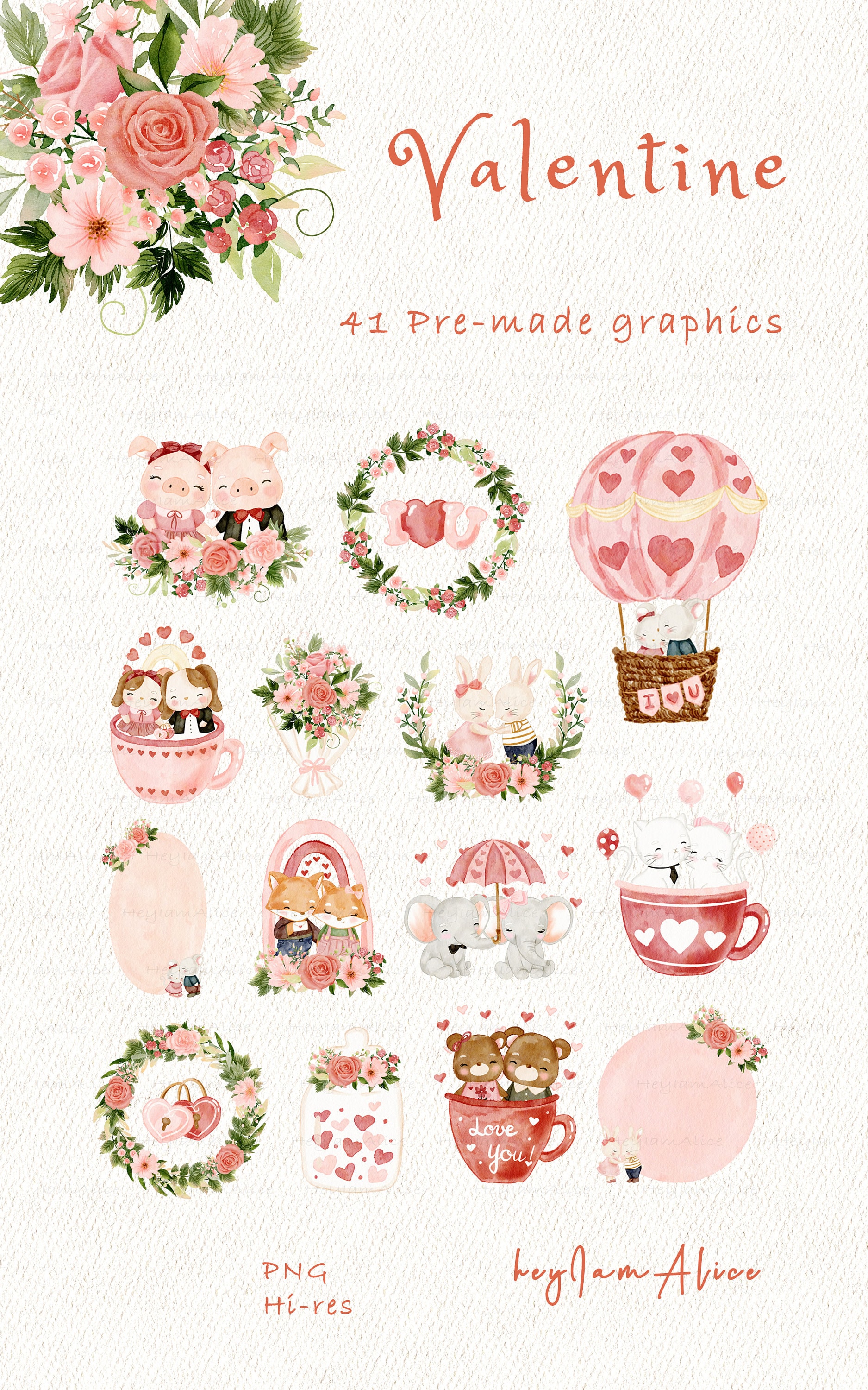 Valentine Watercolor Clipart PNG Animal Couple Graphic PNG | Etsy