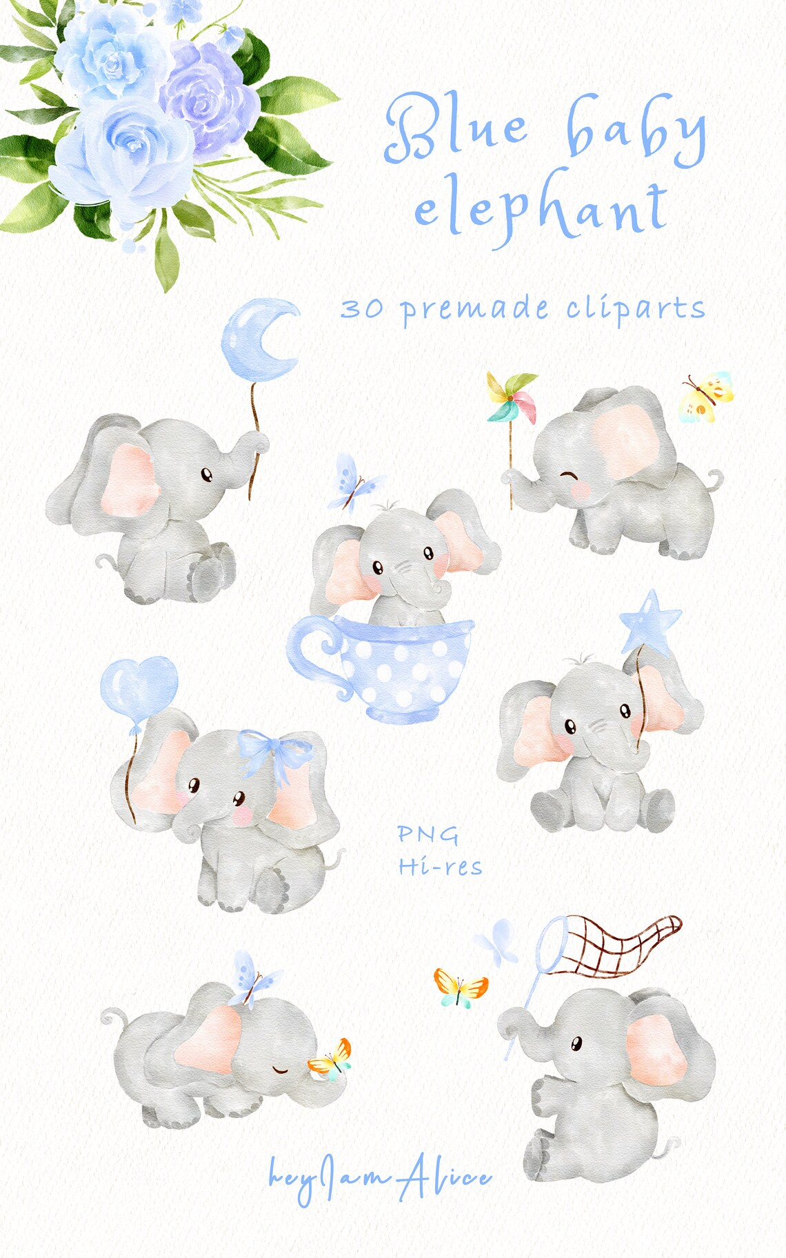 Baby Elephant Clipart Blue Watercolor Elephant PNG FREE - Etsy