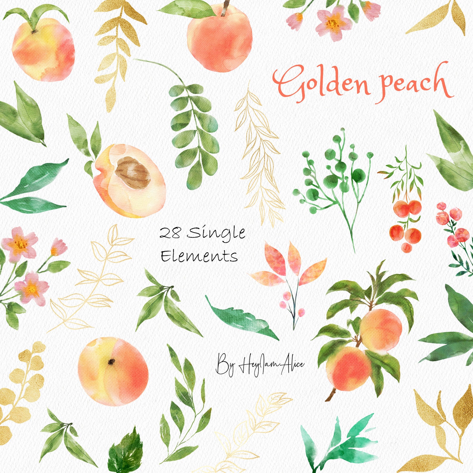 Golden Peach Watercolor Clipart,free Commercial Use,greenery Clipart ...