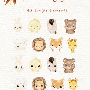 Boho Tribal Baby Animal Face Clipart, Watercolor Feather and Flower ...