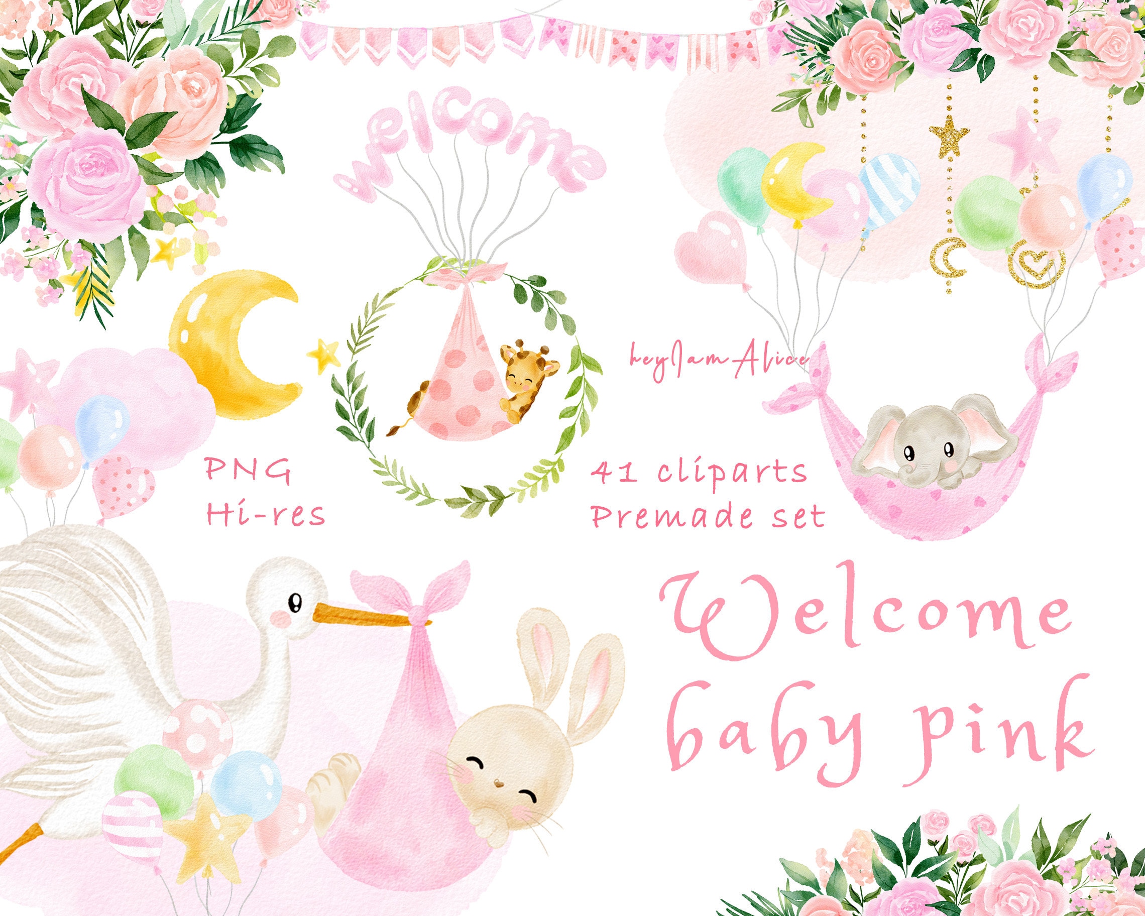 Welcome Baby watercolor clipart baby animal nursery pink | Etsy