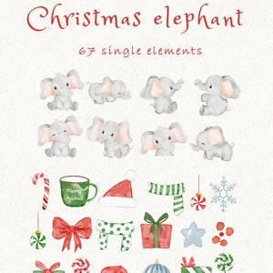 Baby Elephant Christmas Clipart PNG, Holiday Watercolor Elephant PNG ...