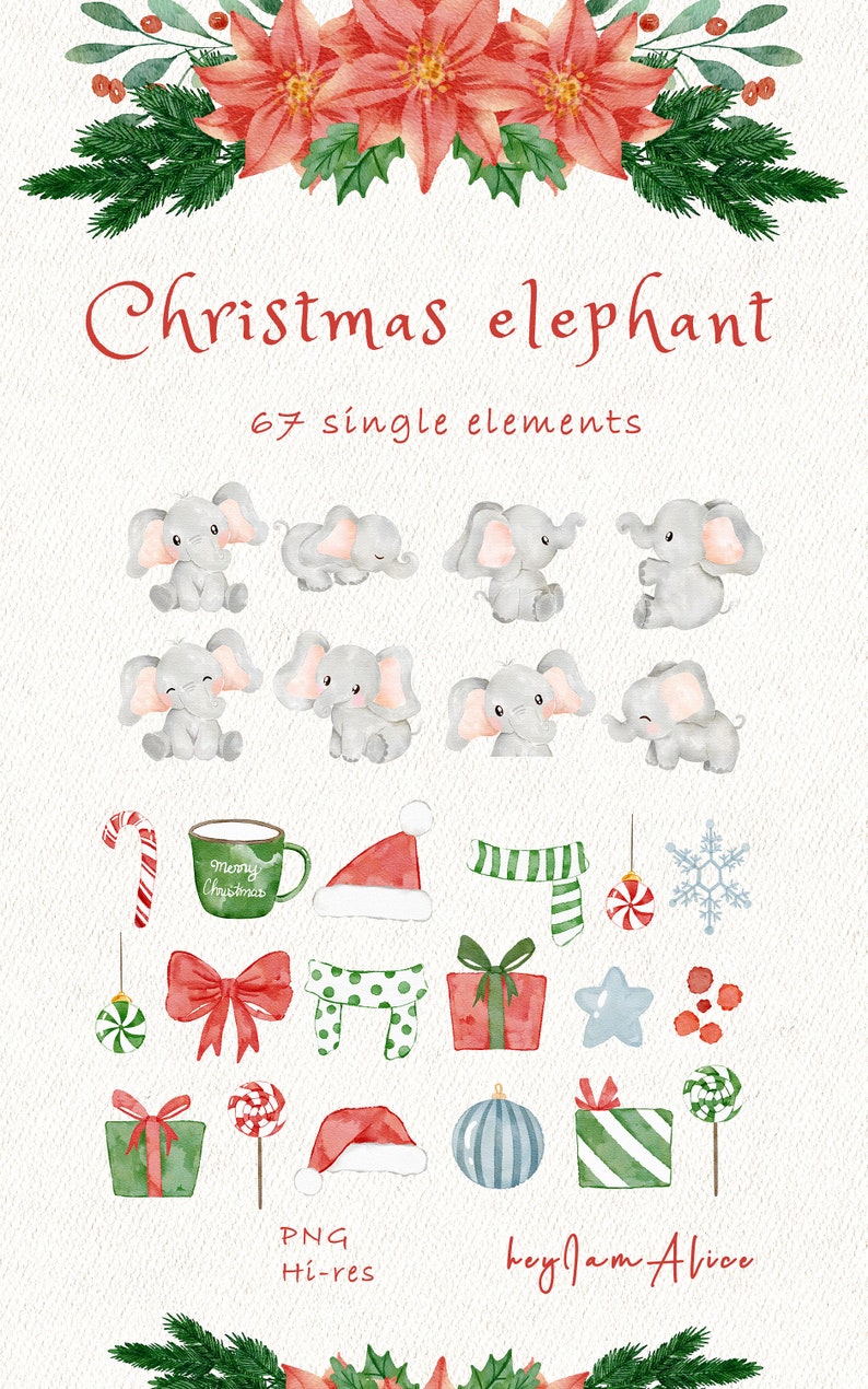 Baby Elephant Christmas Clipart PNG, Holiday Watercolor Elephant PNG ...