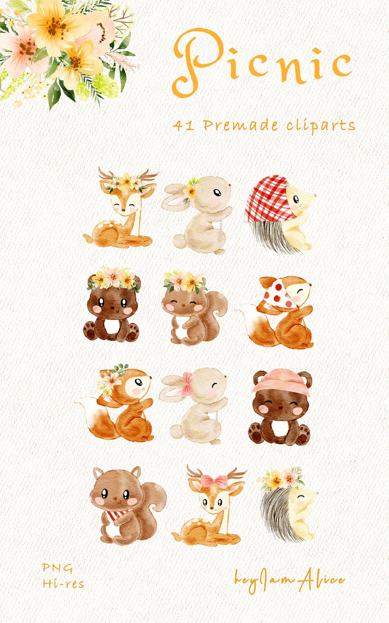 Picnic Woodland Animal Watercolor Clipart, Forest Baby Nursery, Cute ...