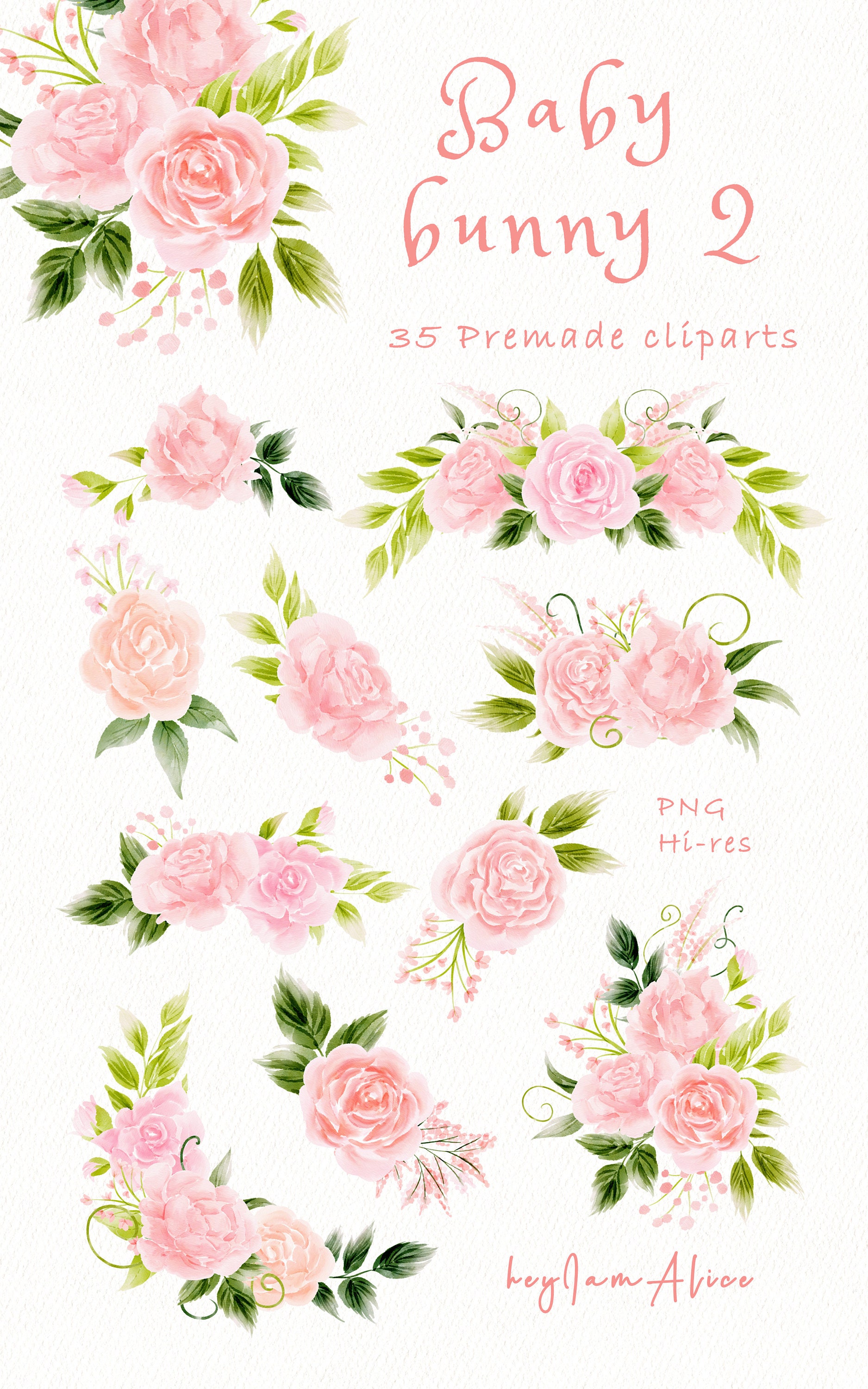 Baby Bunny Clipart Pink Watercolor Rabbit PNG FREE - Etsy