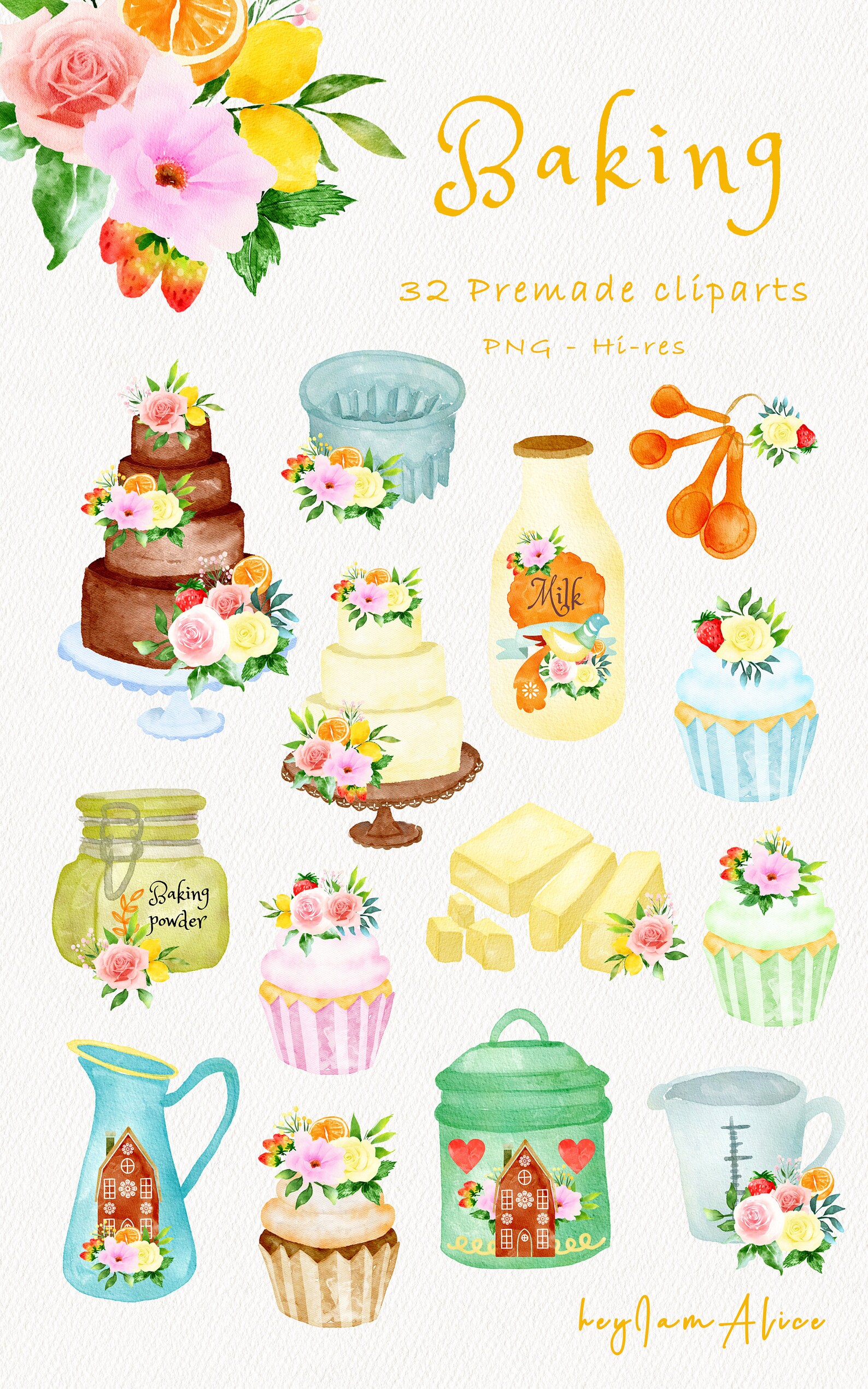 Watercolor Baking Supplies Clipart PNG FREE Commercial Use - Etsy
