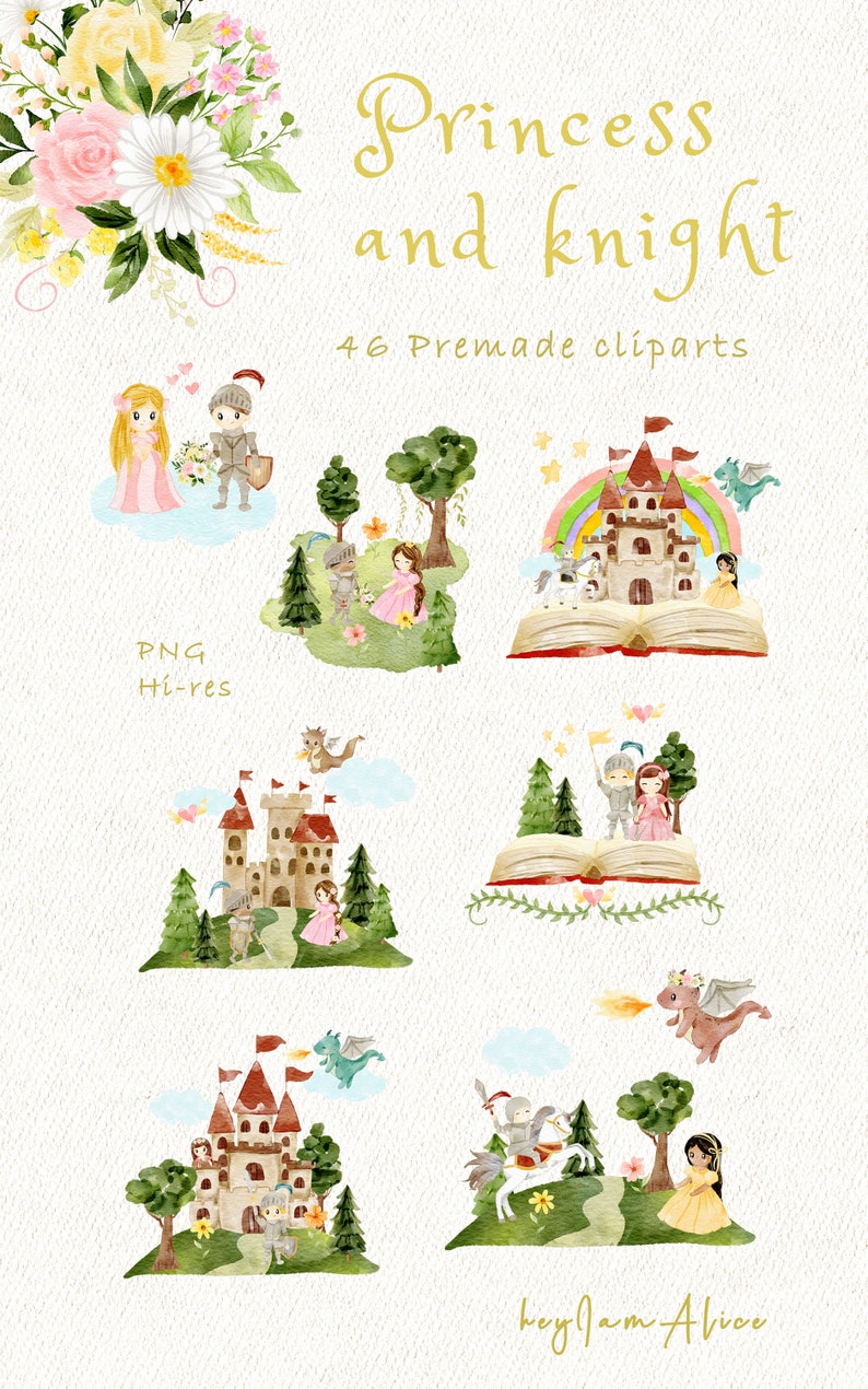 Princess and Knight Watercolor Clipart, Fairy Tale Graphics, Dragon ...