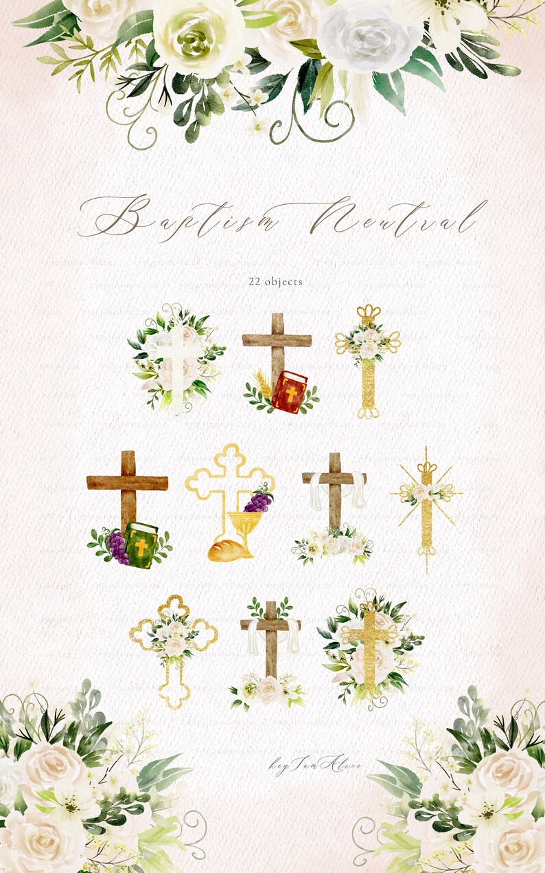 Baptism Clipart, Floral Cross Graphic PNG, First Communion Clipart ...