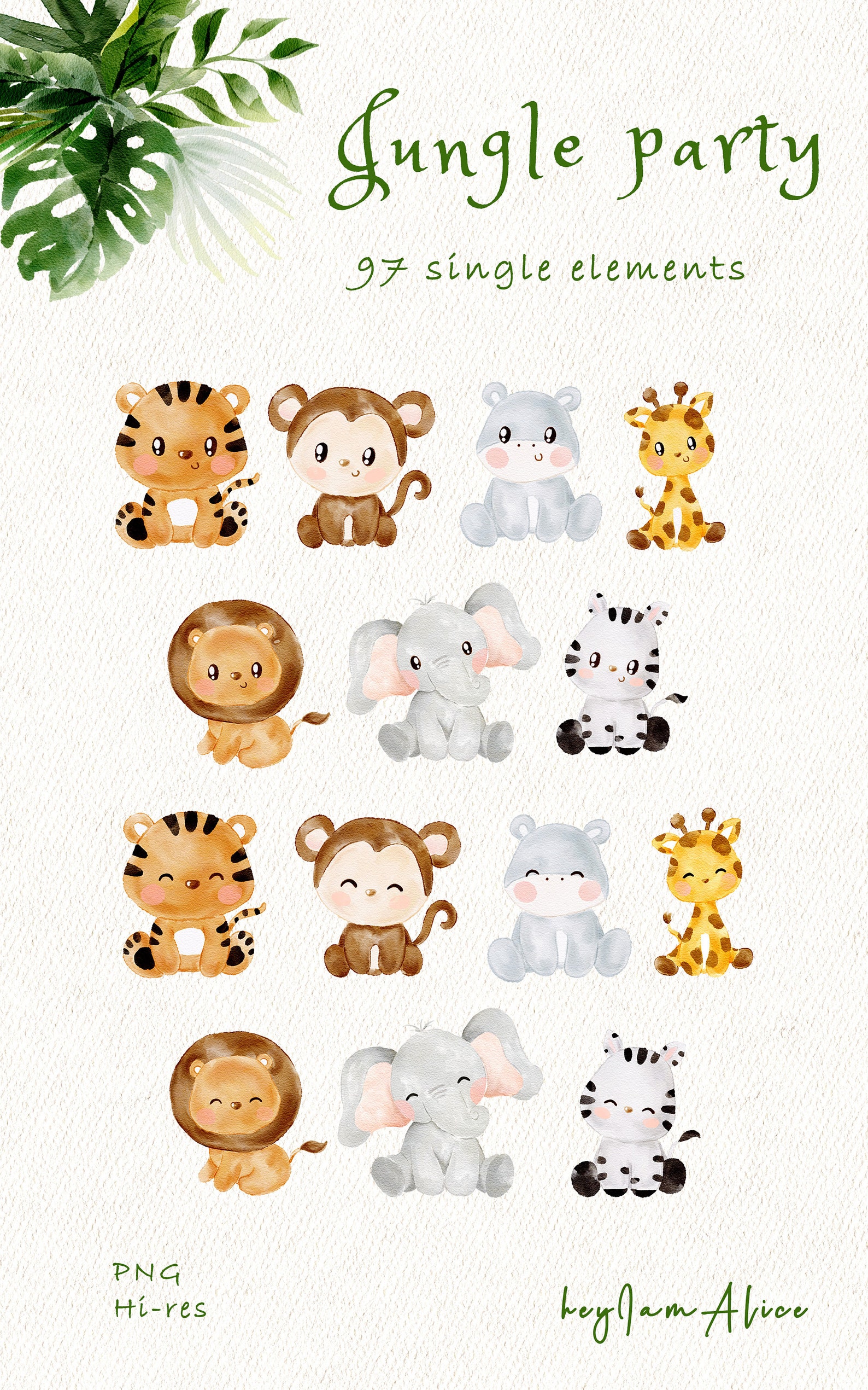 Jungle Watercolor Animal Clipart, Jungle Nursery, Jungle Baby Shower ...