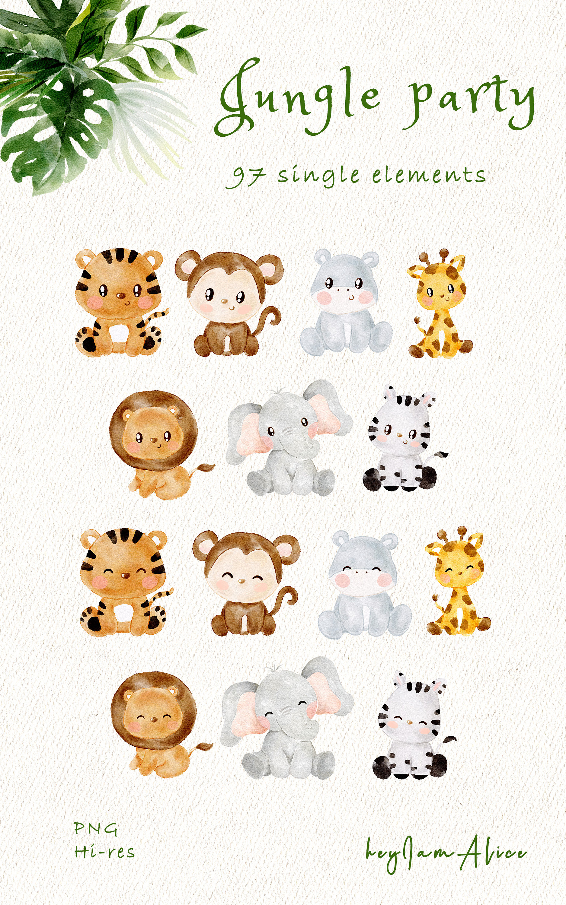 Jungle Watercolor Animal Clipart, Jungle Nursery, Jungle Baby Shower ...