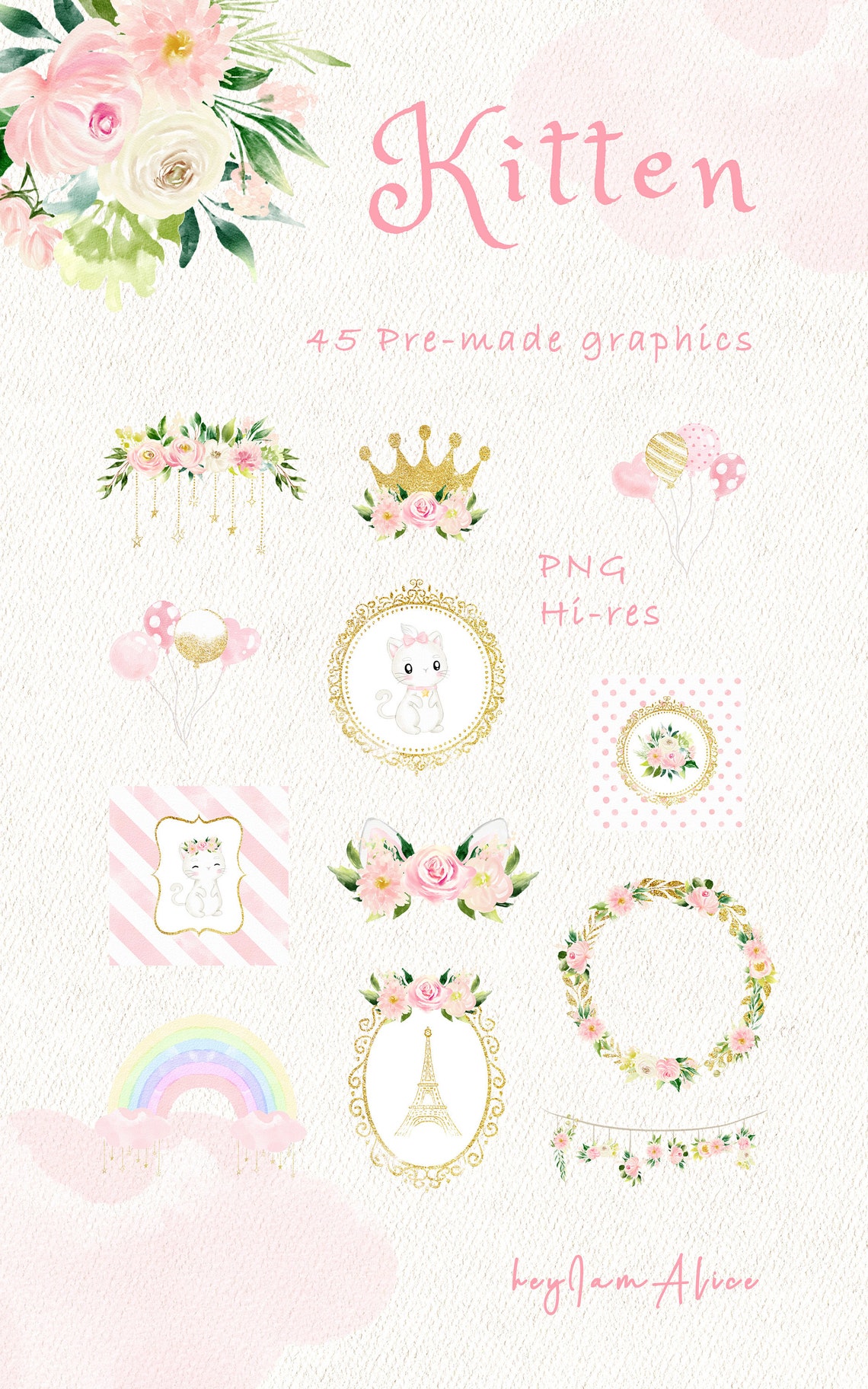 Baby Cat Watercolor Clipart, Kitten Graphic PNG, Cute Cat, Little ...