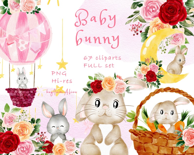 Baby Bunny Clipart Pink Watercolor Rabbit PNG FREE - Etsy