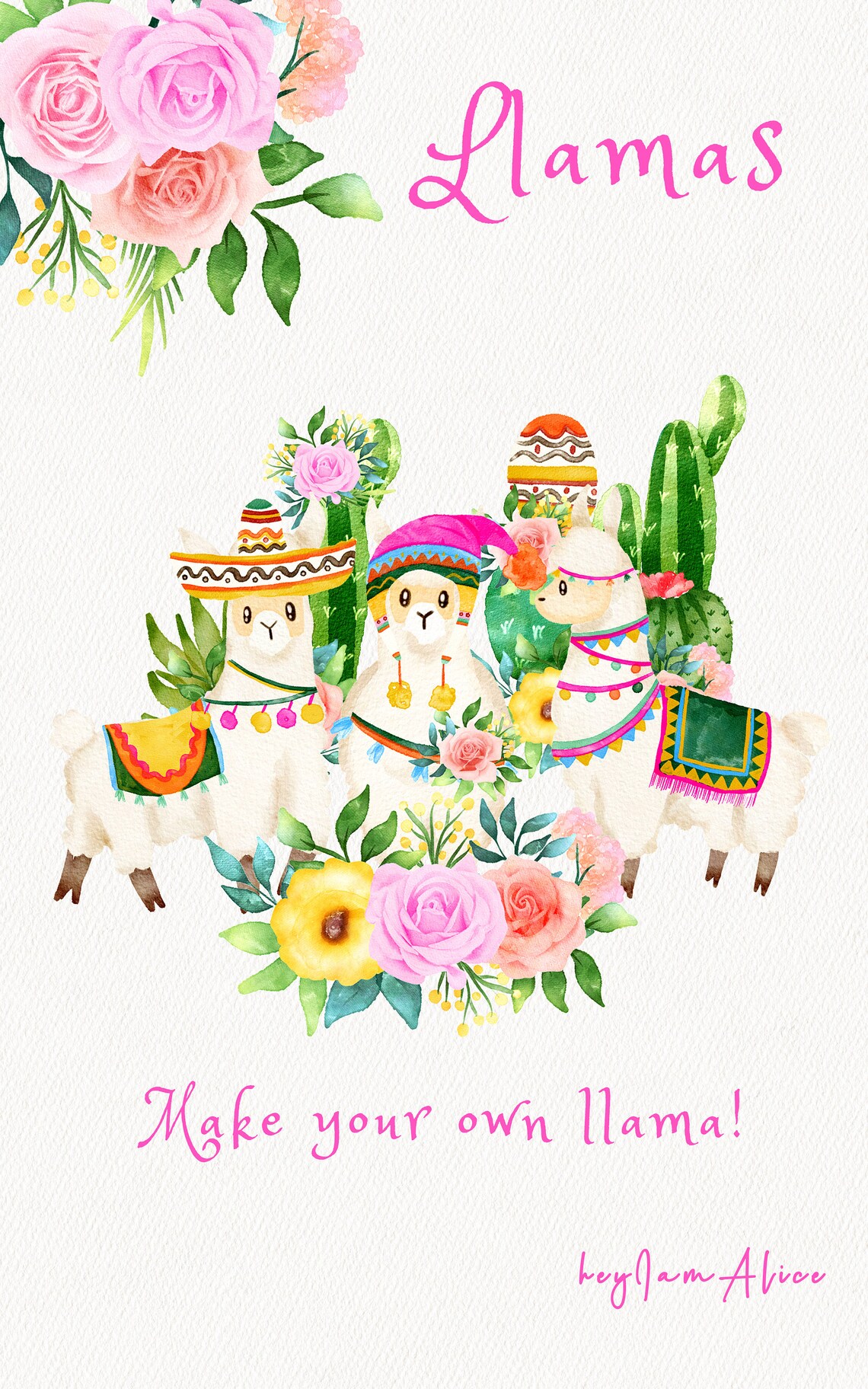 Llama Watercolor Clipart, Alpaca Clipart, FREE COMMERCIAL Use, Cactus ...
