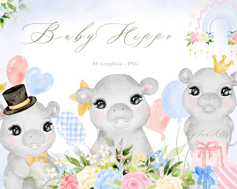 Jungle Watercolor Animal Clipart, Baby Hippo, Safari Baby Shower, Wild ...