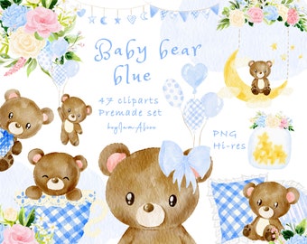 Baby Bear Clipart Blue Watercolor Teddy Bear PNG FREE | Etsy
