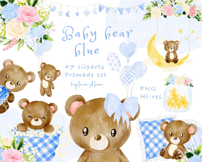 Baby Bear Clipart Blue Watercolor Teddy Bear PNG FREE - Etsy