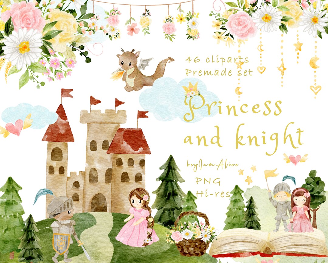 Princess and Knight Watercolor Clipart, Fairy Tale Graphics, Dragon ...