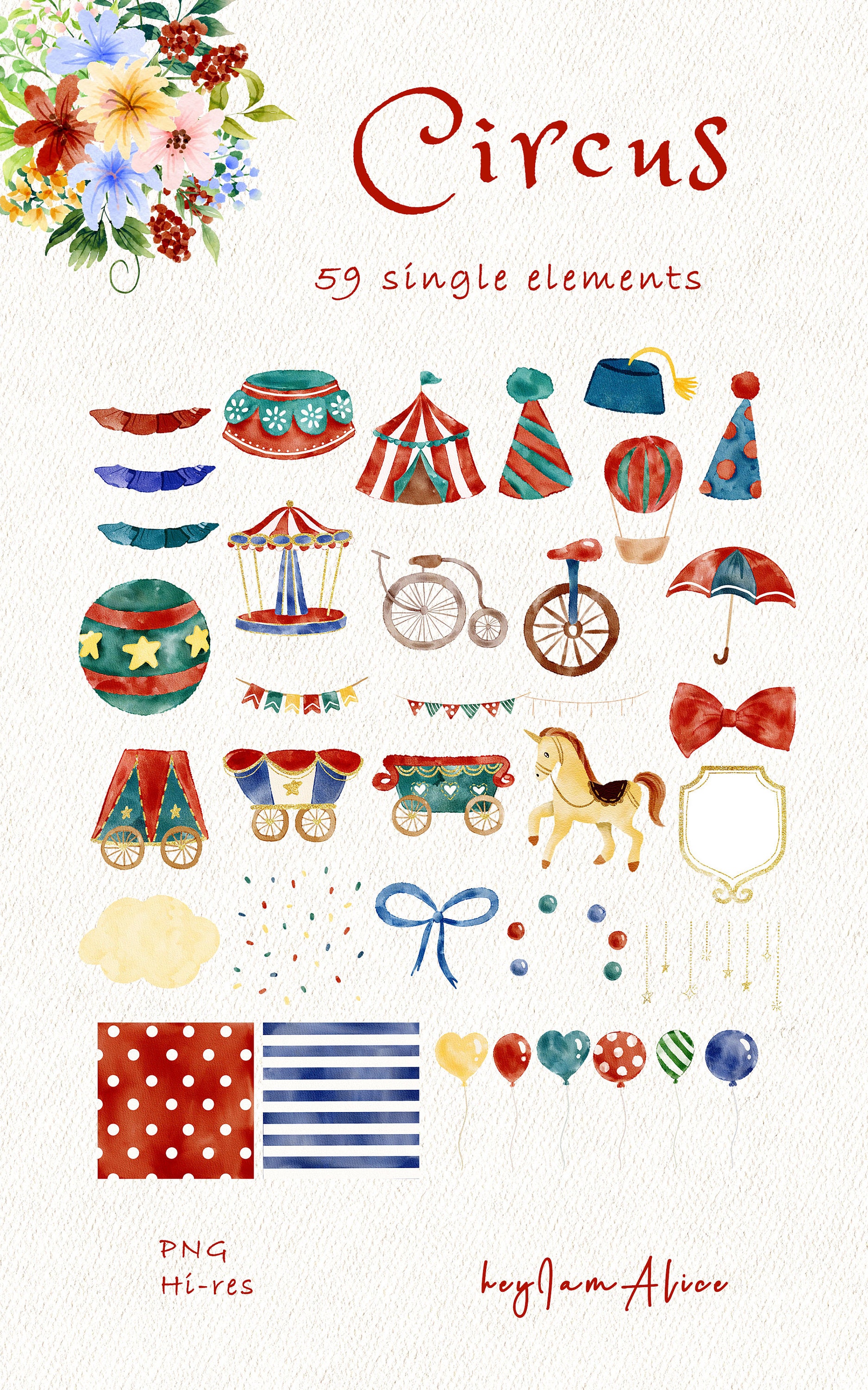 Circus Watercolor Clipart Red Circus Graphics Baby Animal - Etsy