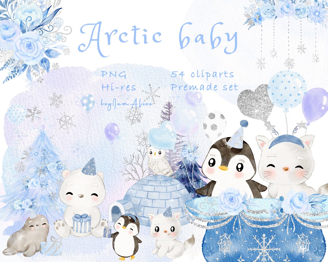 Arctic Animal Watercolor Clipart Winter Holiday Graphic Baby - Etsy