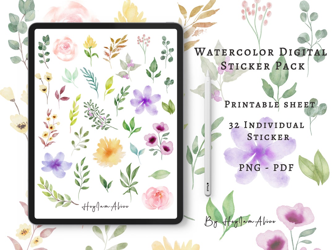 April Flower Digital Sticker, PRINTABLE Sticker Sheet, Watercolor ...