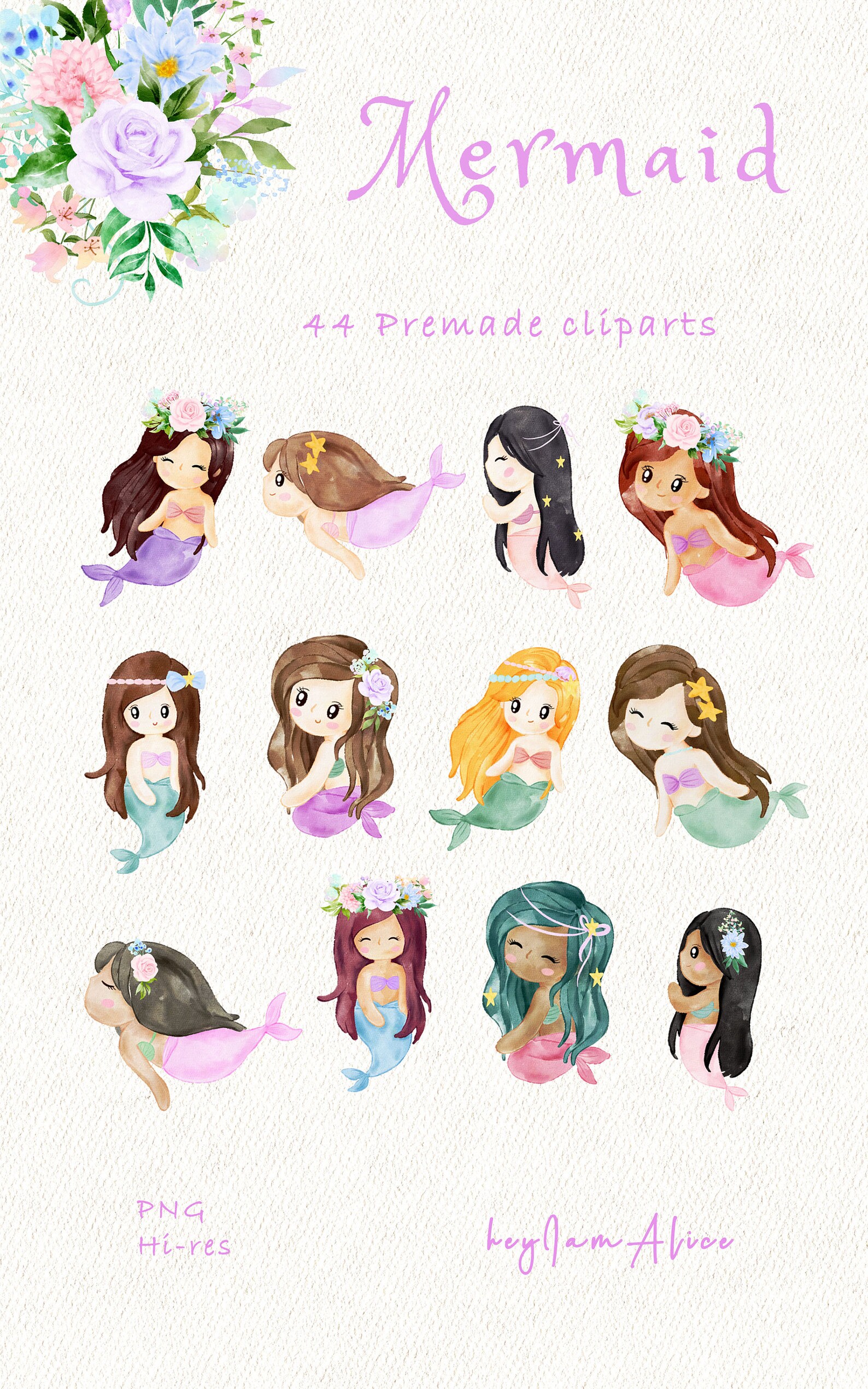 Mermaid Clipart, Little Mermaid Watercolor Graphic, Nursery Clipart ...