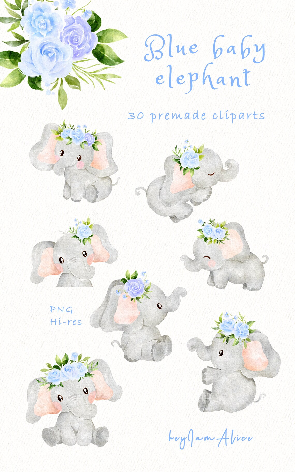 Baby Elephant Clipart Blue Watercolor Elephant PNG FREE - Etsy