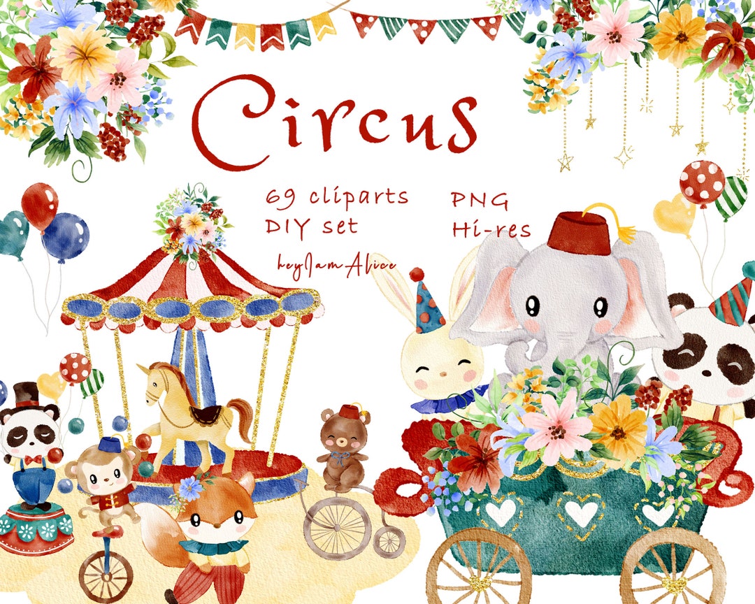 Circus Watercolor Clipart, Red Circus Graphics, Baby Animal Graphics ...