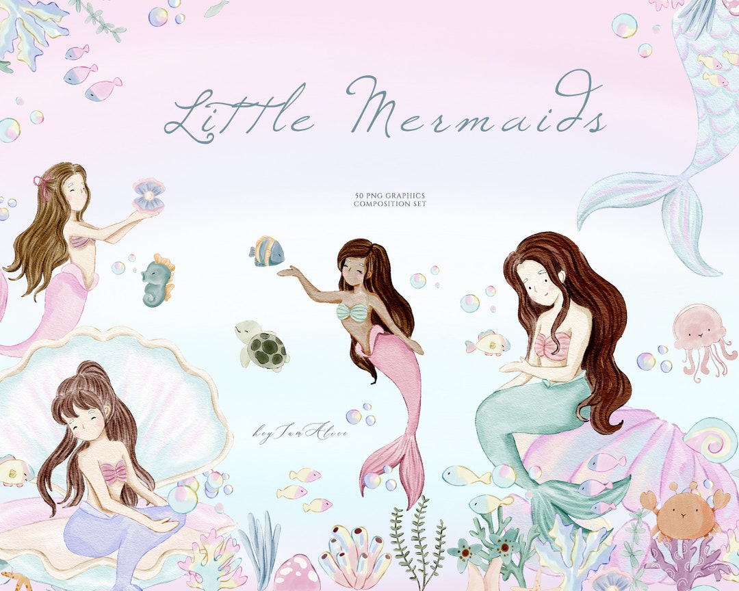 Mermaid Clipart, Little Mermaid Watercolor Graphic, Nursery Clipart ...
