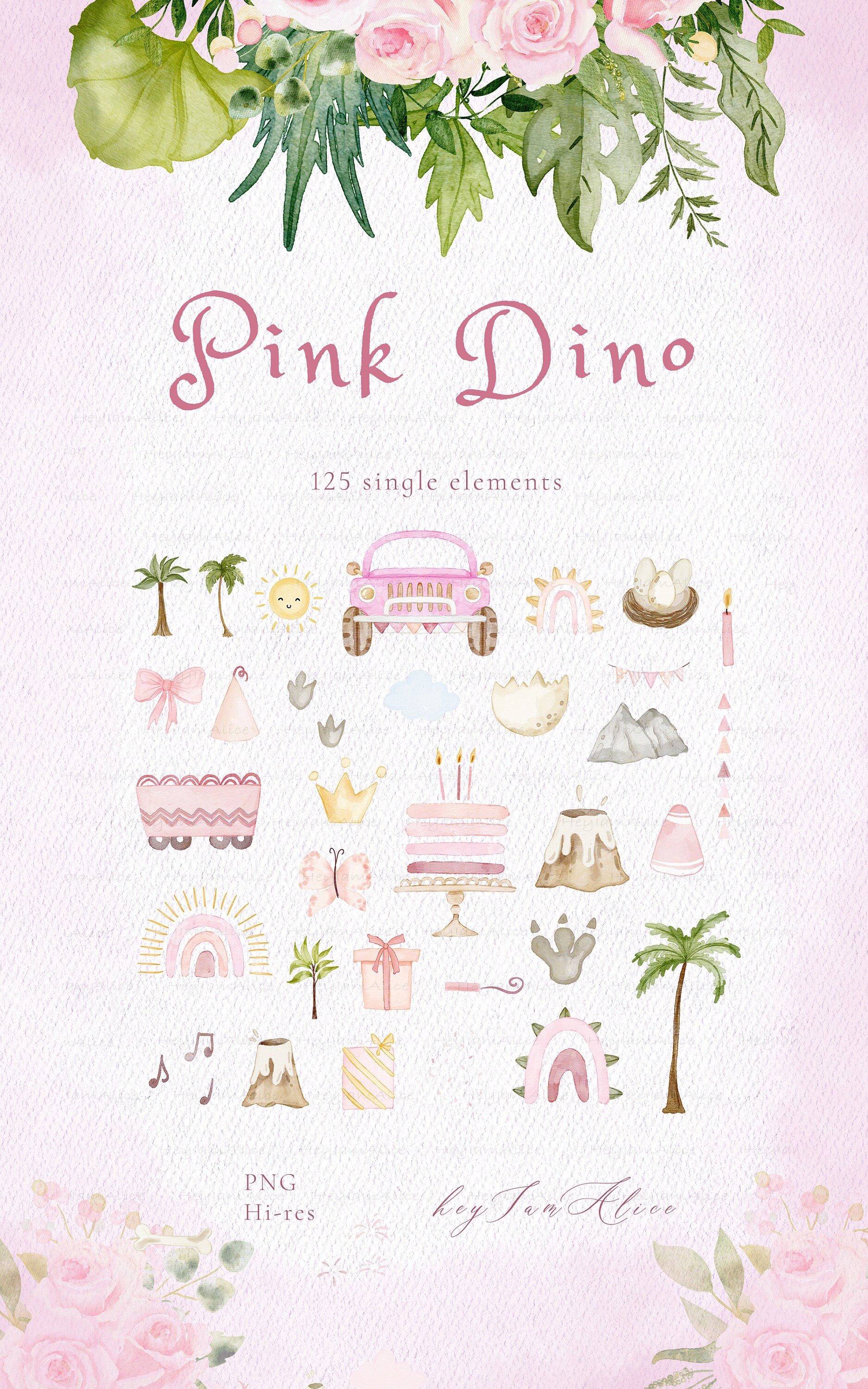 Baby Pink Dinosaurs Watercolour Clipart Cute Girl Dinosaurs - Etsy