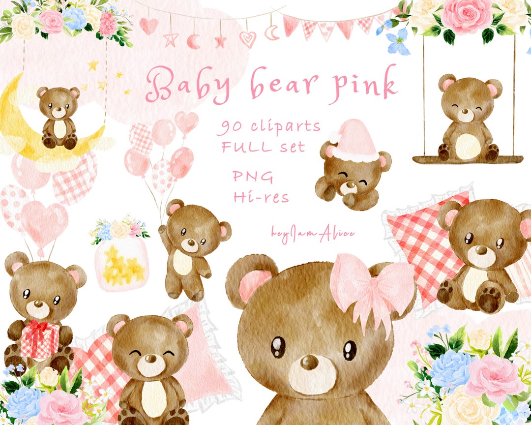 Baby Bear Clipart, Pink Watercolor Teddy Bear PNG, FREE COMMERCIAL Use ...