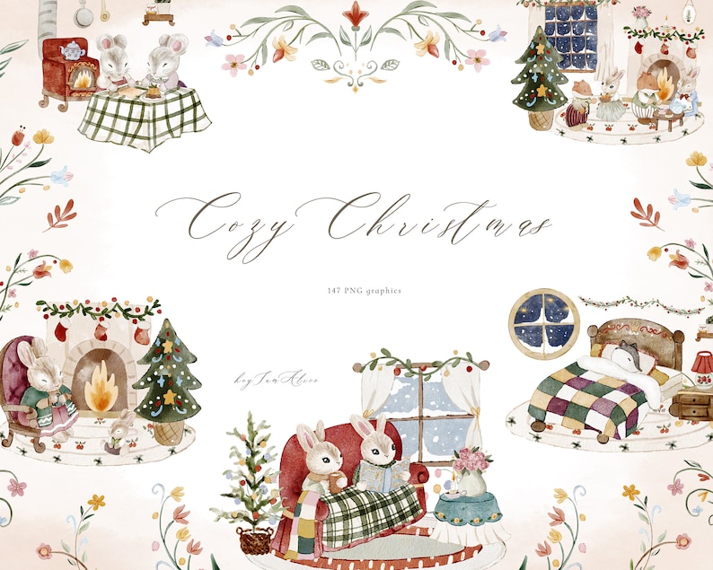 Christmas Clipart Cozy Home Clipart Watercolour Merry X-mas - Etsy