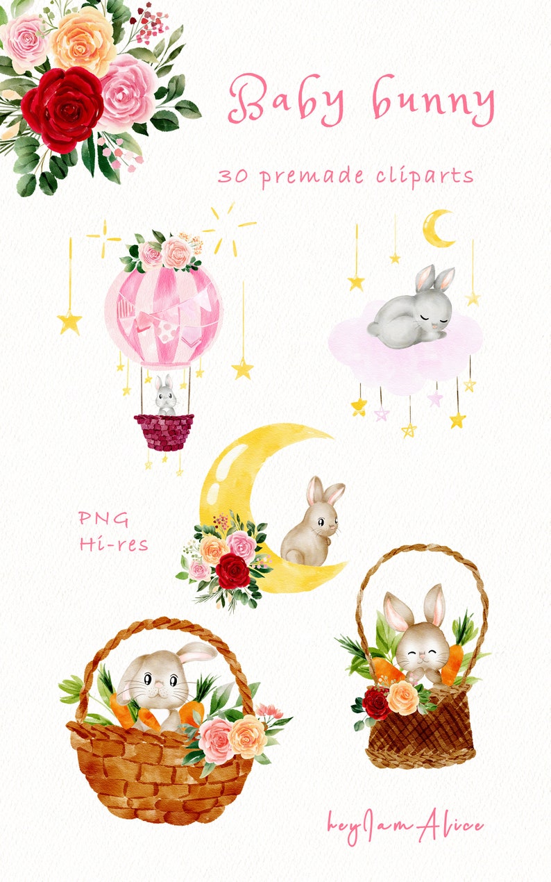 Baby Bunny Clipart Pink Watercolor Rabbit PNG FREE - Etsy