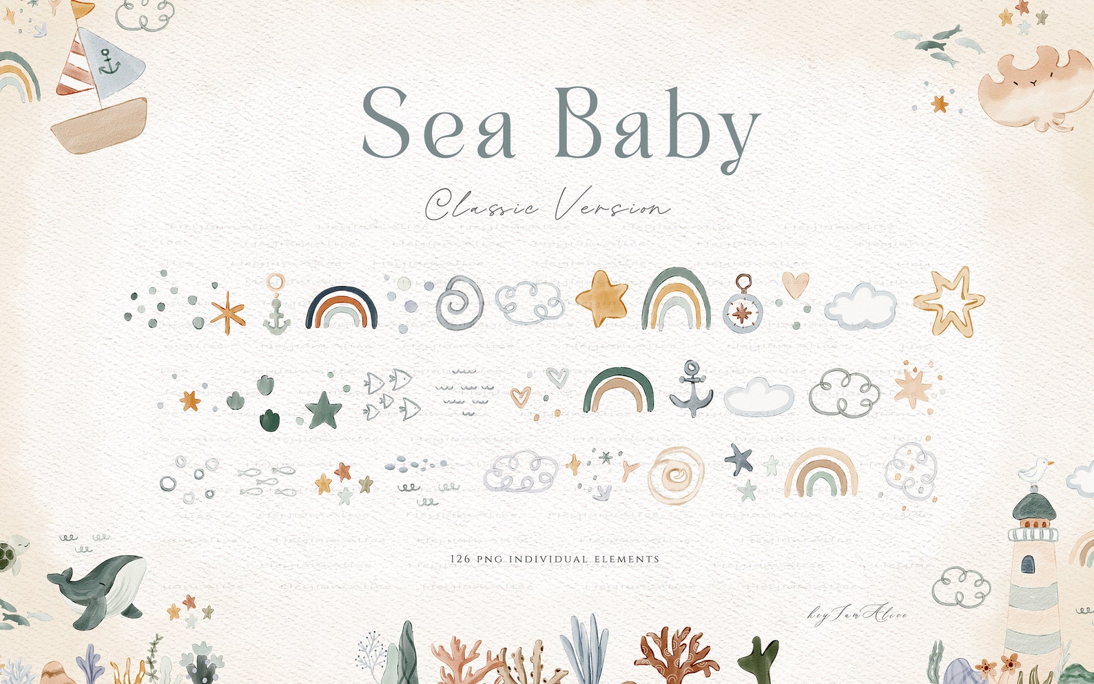 Sea Baby Clipart, Watercolor Ocean Graphic, Boho Nursery Clipart ...