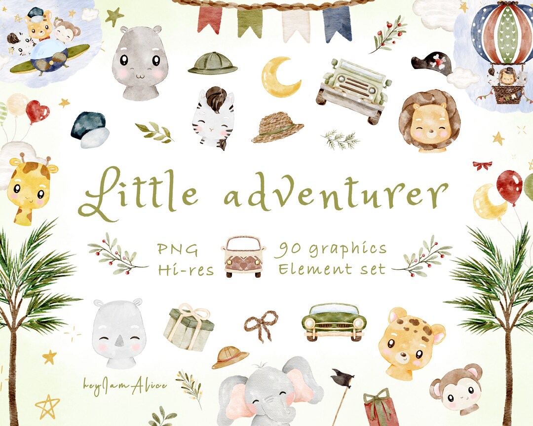 Jungle Watercolor Animal Clipart, Jungle Nursery, Plane Car Baby Shower ...