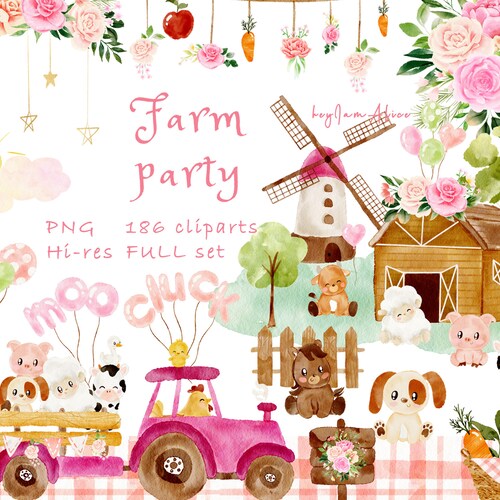 Farm Animals Watercolor Clipart Cute Farm Clip Art Nursery - Etsy