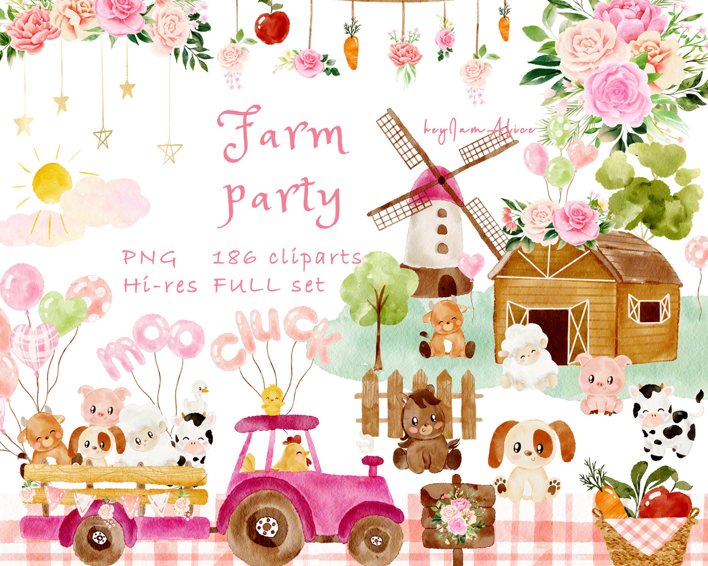 Farm animal watercolor clipart farm baby nursery cute farm | Etsy