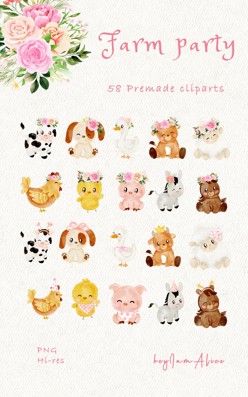 Farm Animal Watercolor Clipart Farm Baby Nursery Cute Farm | Etsy