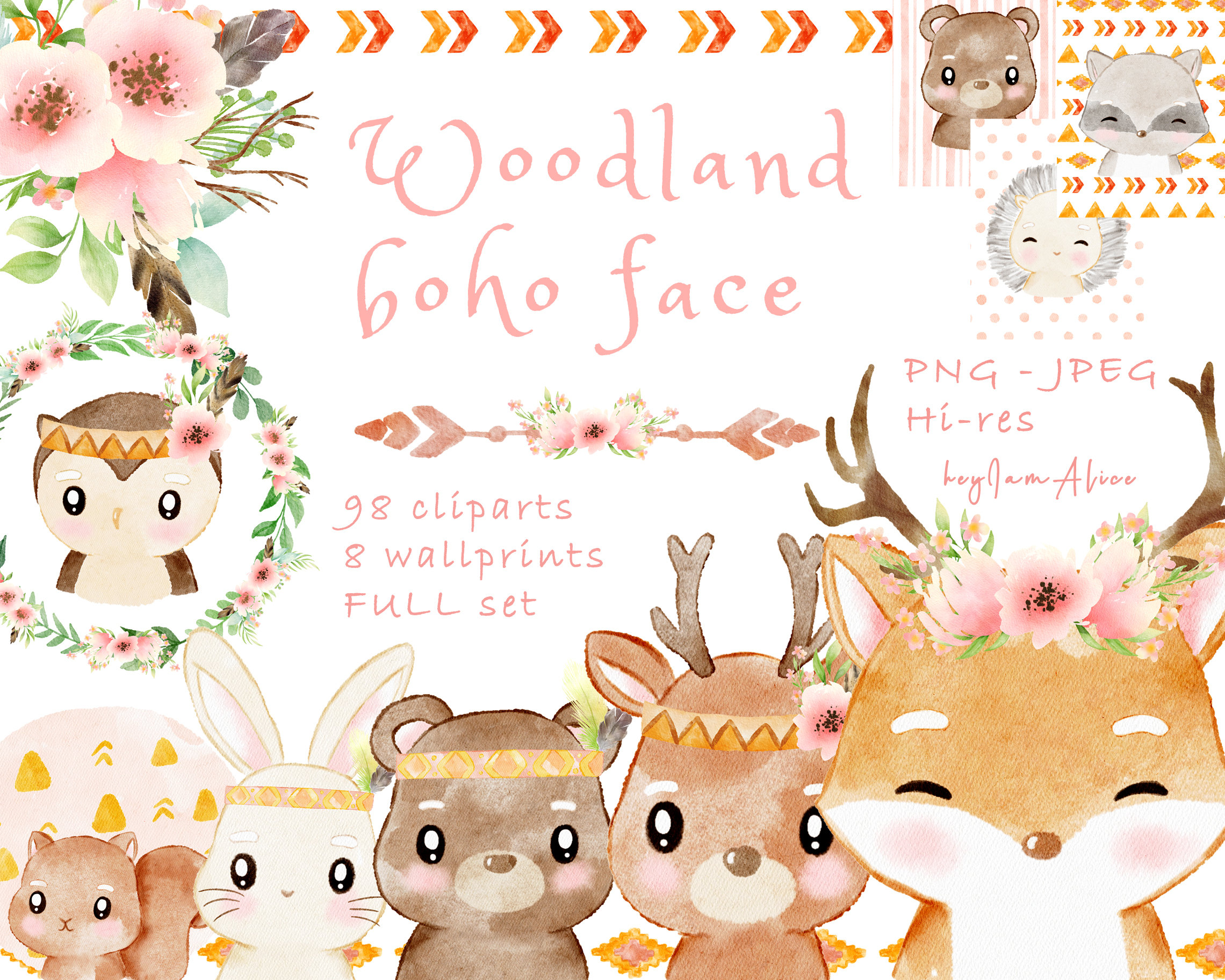 Boho Tribal Baby Animal Face Clipart Watercolor Feather and - Etsy