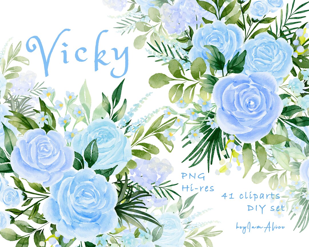 Blue Floral Watercolor Clipart, FREE Commercial Use, Greenery Clipart ...