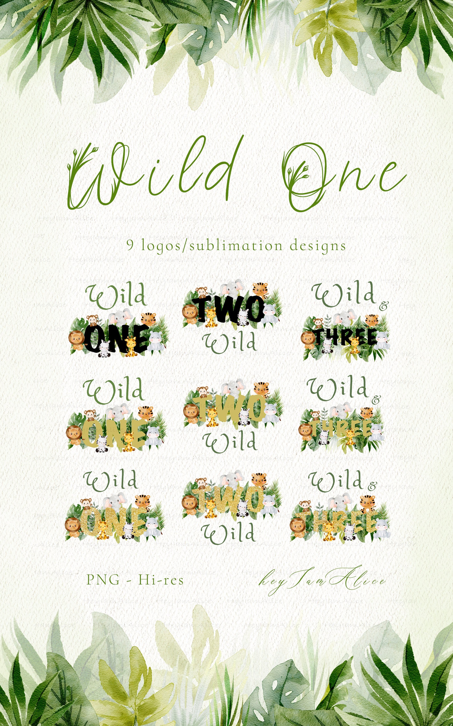 Jungle Watercolor Animal Clipart WILD ONE Png Jungle - Etsy