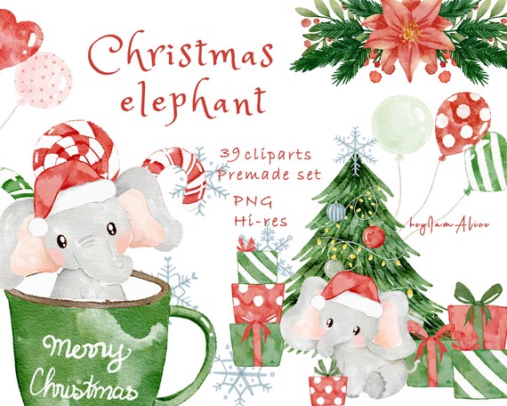 Baby Elephant Christmas Clipart PNG Holiday Watercolor - Etsy