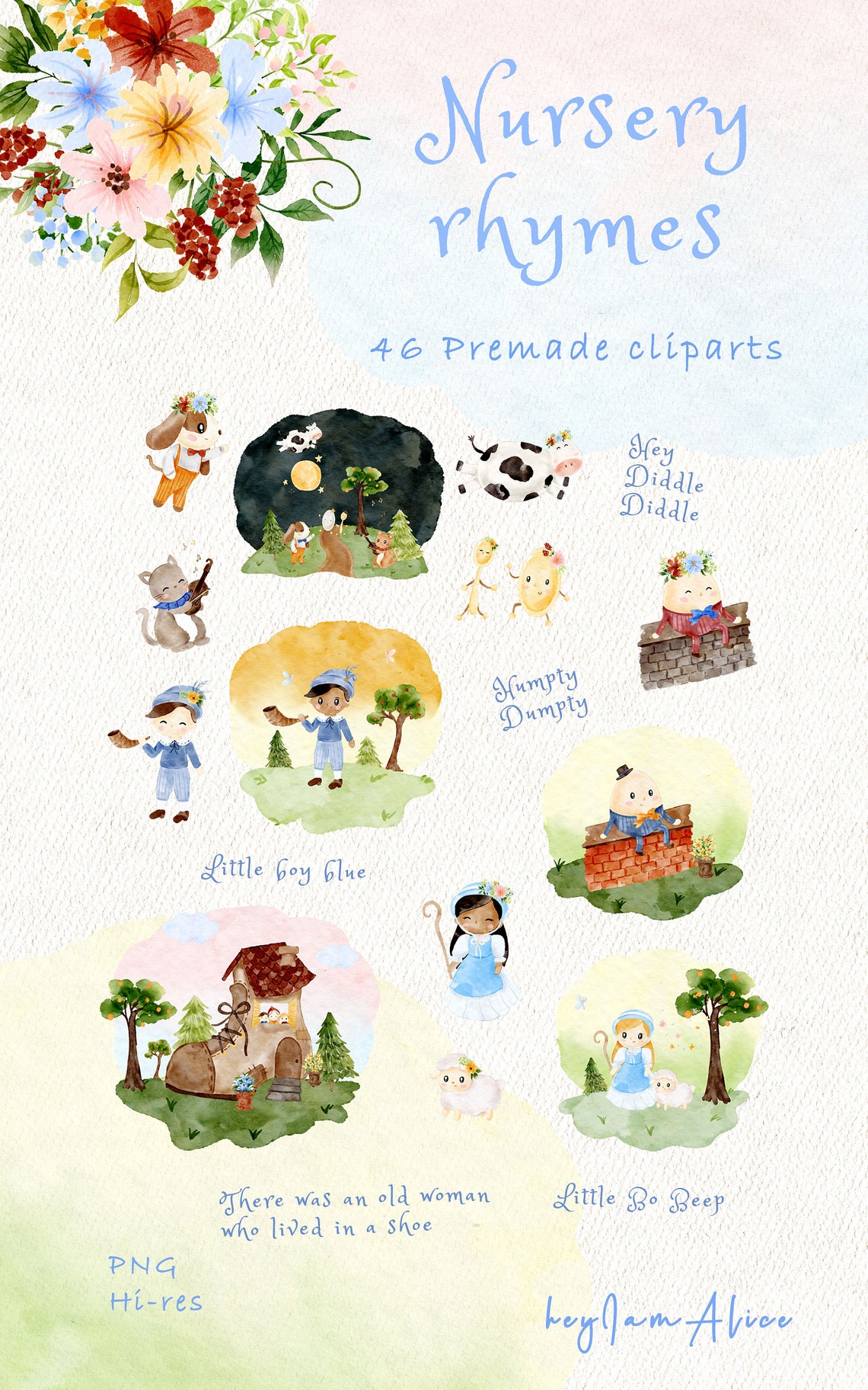 Nursery rhymes watercolor clipart mother goose PNG baby | Etsy