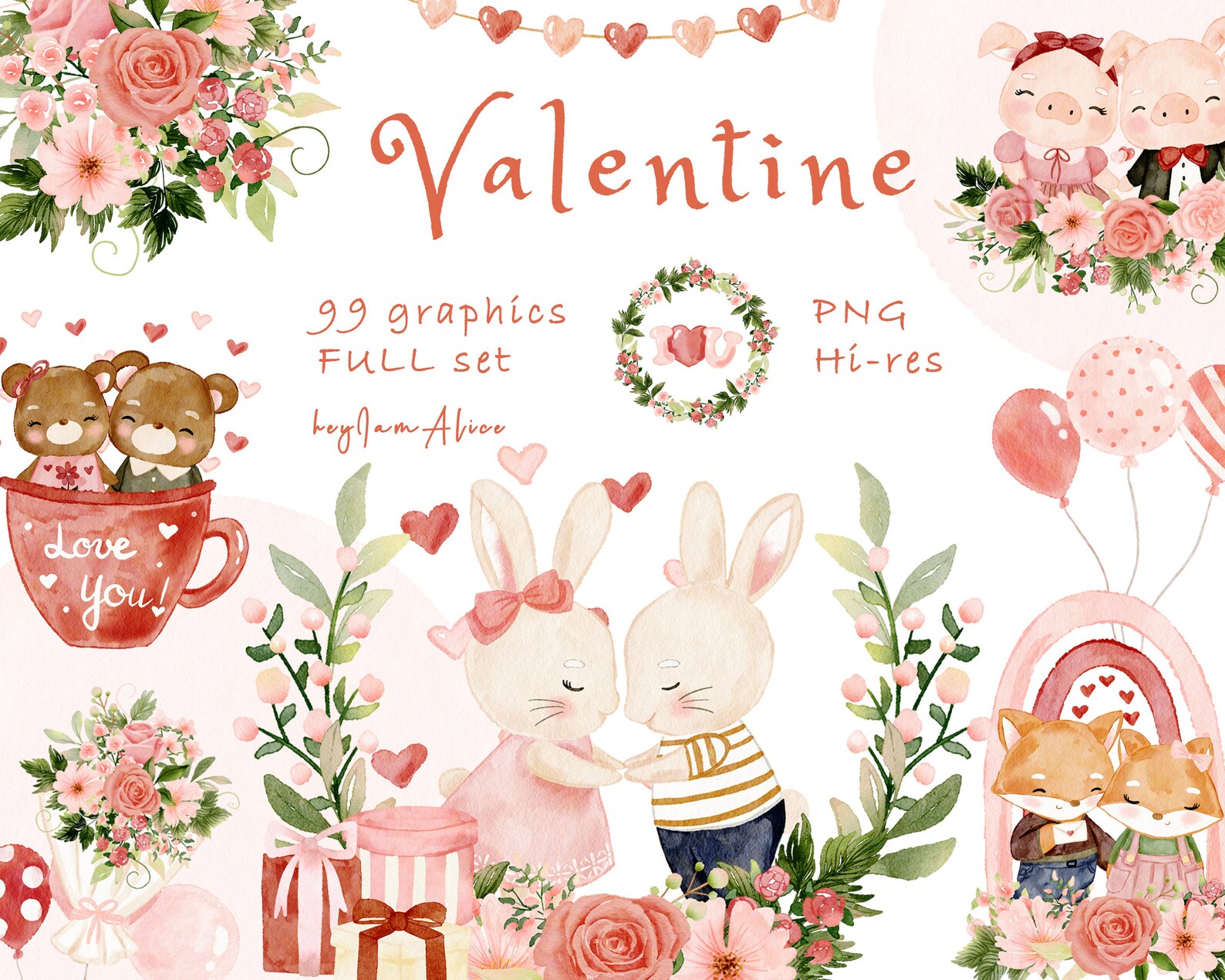 Valentine Watercolor Clipart PNG Animal Couple Graphic PNG | Etsy
